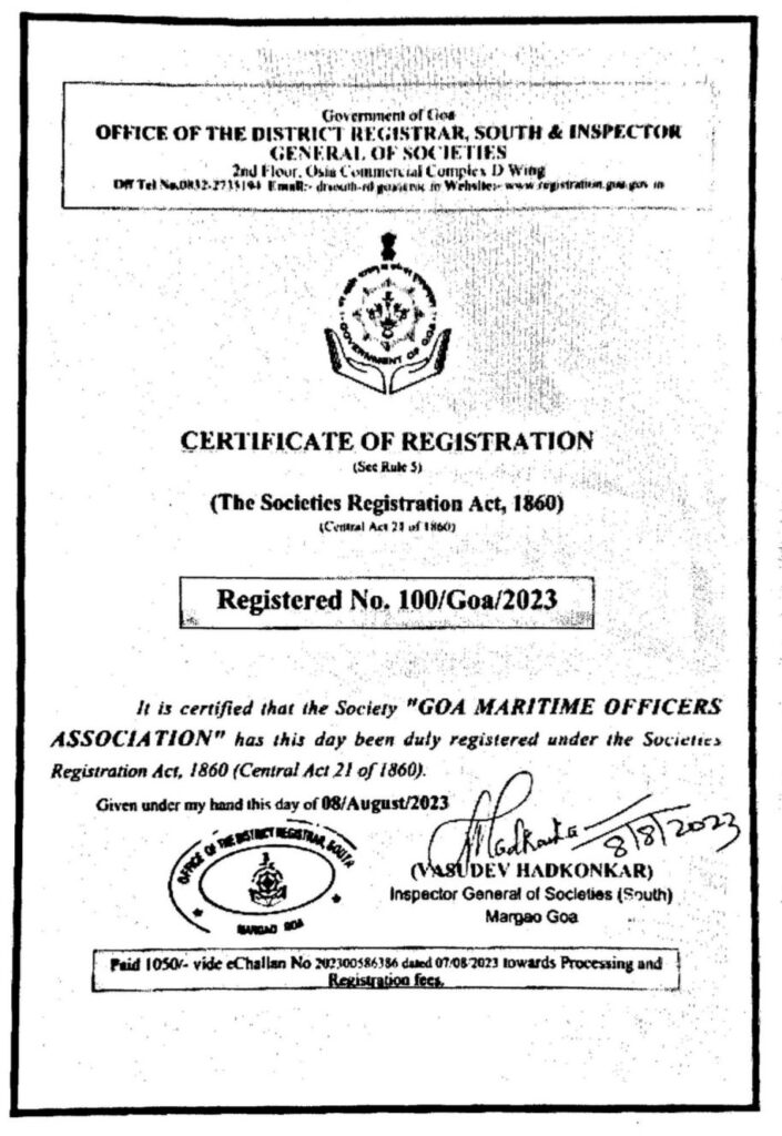 Certificate Of Registration Goa Maritime Officers Association